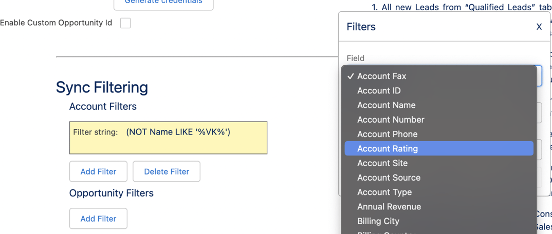 How To Setup Opportunity and Account Filtering for SFDC 10.5+ and CRM Sync fields